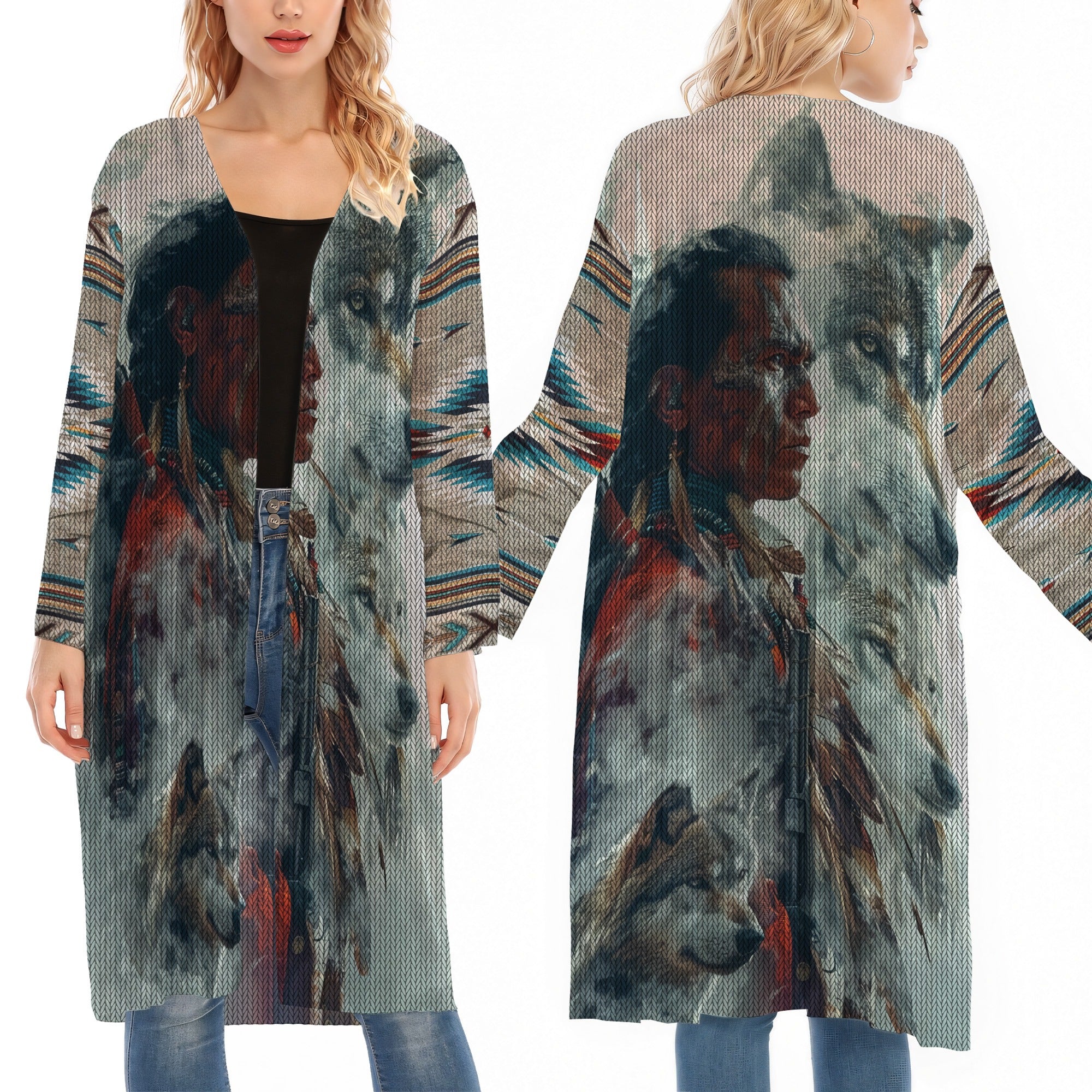 Native American Indian Chief With Wolf Spirit Ugly Cardigan, native ...