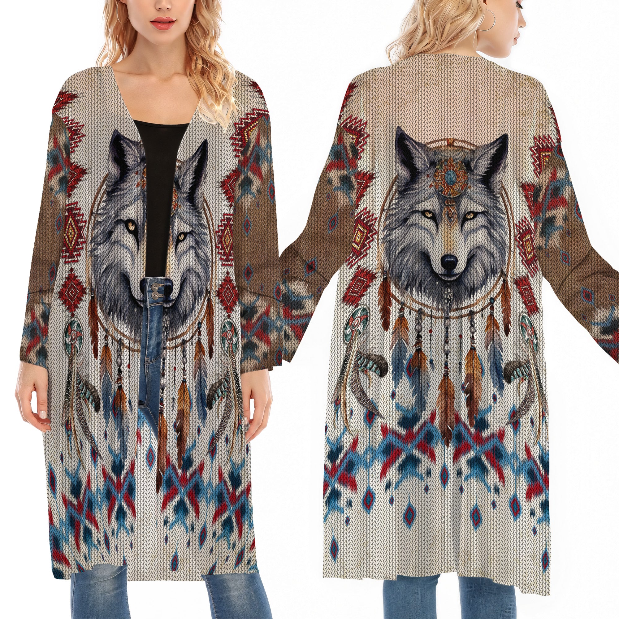 Tribal Native American Wolf and Dreamcatcher Ugly Cardigan, native ...